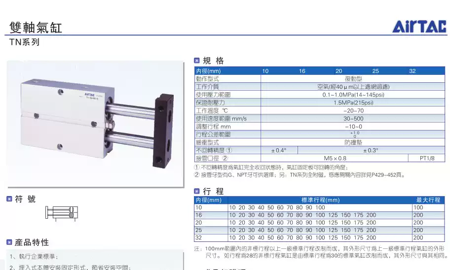 双轴气缸TN10x10-20/30/40/50/60/70/75/80/100/125-S
