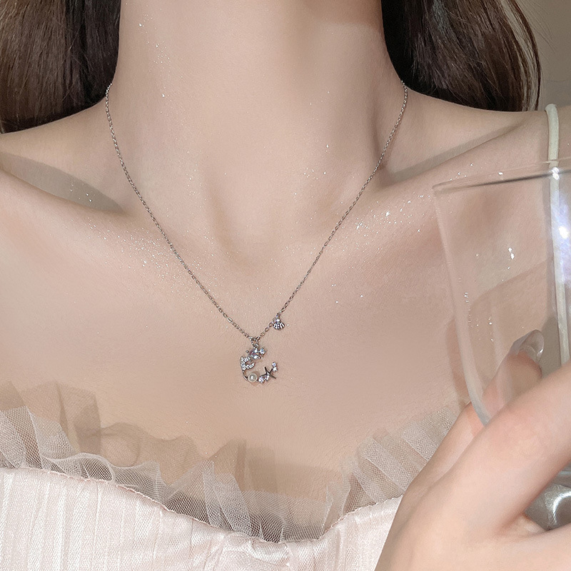 原创繁星鱼尾项链女925纯银ins小众韩版月光石锁骨链海洋风项饰品-Taobao