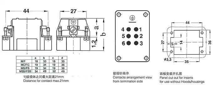 矩形航空插头重载连接器HDC-HE-006-M/F 6芯16A 500V热流道接插件