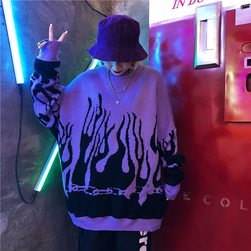 Couple Sweater Harajuku Hip Hop Flame Fire Sweaters Knit 2020 Autumn ...