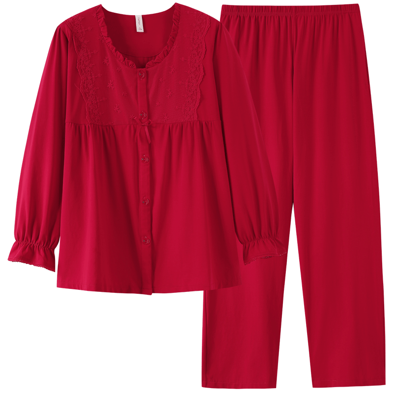 紅色睡衣本命年女春秋季2024新款中年媽媽長袖薄款純棉家居服套裝-Taobao