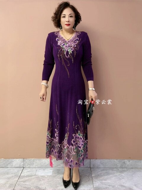 2025 Spring and Autumn Mom's Dress with Diamond Inlay Dress Temperament ...