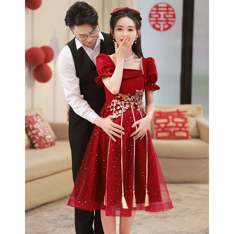 孕妇新娘敬酒服女2023新款法式红色订婚礼服连衣裙大码胖mm遮肚子-Taobao