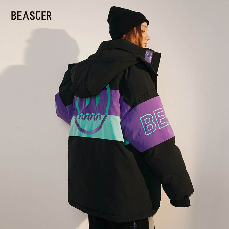BEASTER小恶魔鬼脸外套撞色潮拼接刺绣魔术贴抽绳保暖休闲羽绒服-Taobao