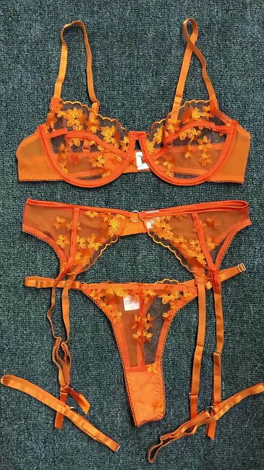Deep Love Cheapest Women Orange Embroidery Mesh Garter Lingerie Set ...