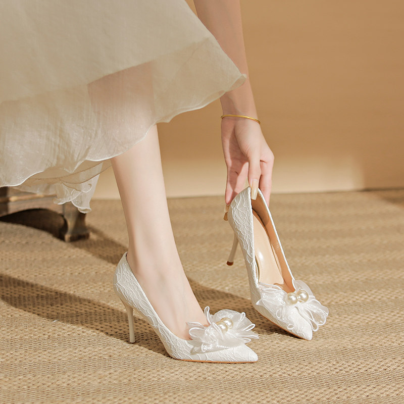 法式主婚纱高跟新娘鞋小码313233珍珠蝴蝶结不累脚宴会礼服单鞋-Taobao