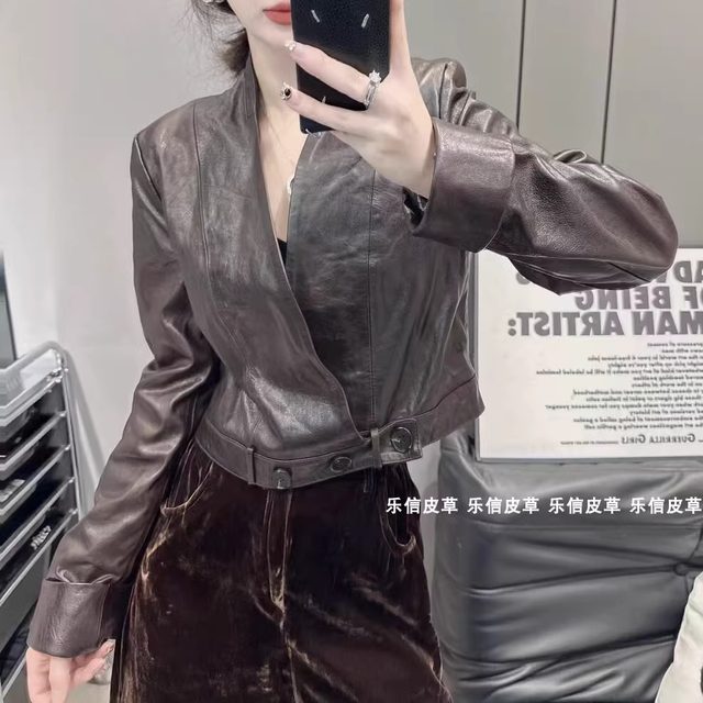 Genuine leather v-neck leather jacket for women with rolled sleeves ...