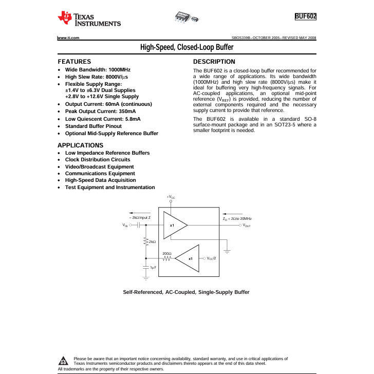 BUF602IDBVR BUF602 1000MHz 高带宽高速闭环缓冲器 全新原装特价