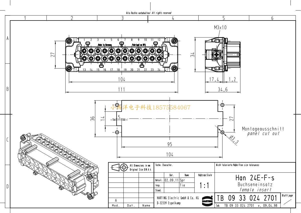 HARTING Heavy duty connector 09330242701 24 pin female core HAN-24E-F-s 16A HARTING