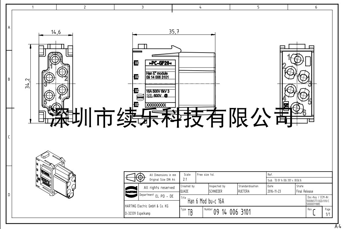 [USD 5.99] HARTING Kobab 09140063101 combined heavy load Han16A 6 core ...