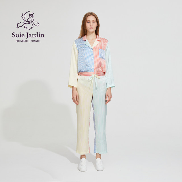 soie jardin 3# Rainbow striped pajamas set striped contrast color ...
