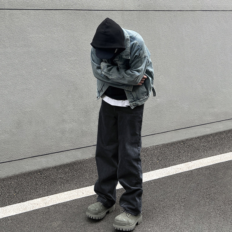 VUJADE TALK 006小众潮牌美式水洗做旧高腰直筒宽松阔腿牛仔裤男-阿里巴巴