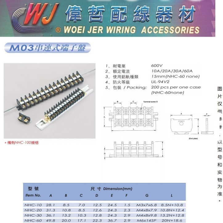 NHC-10 NHC-20 NHC-30 上海品哲臺灣偉哲串連式端子排可軌道拼裝