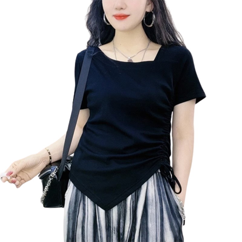 方领褶皱短袖T恤女夏季2024新款修身不规则系带抽绳体恤低领上衣-Taobao