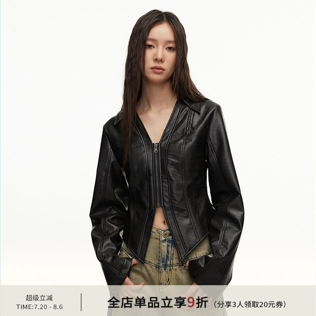 SMIIILE Washed Leather Deconstructed Black Locomotive Leather Jacket ...