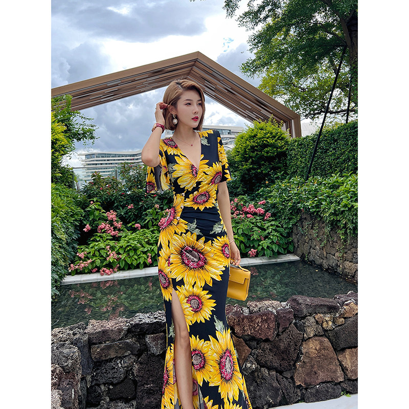 XULU原創夏季新款水晶麻紗向日葵印花裙氣質性感修身V領洋裝