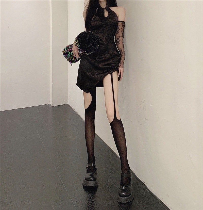 Asymmetric hanging black silk socks female to break hollow fishing net ...