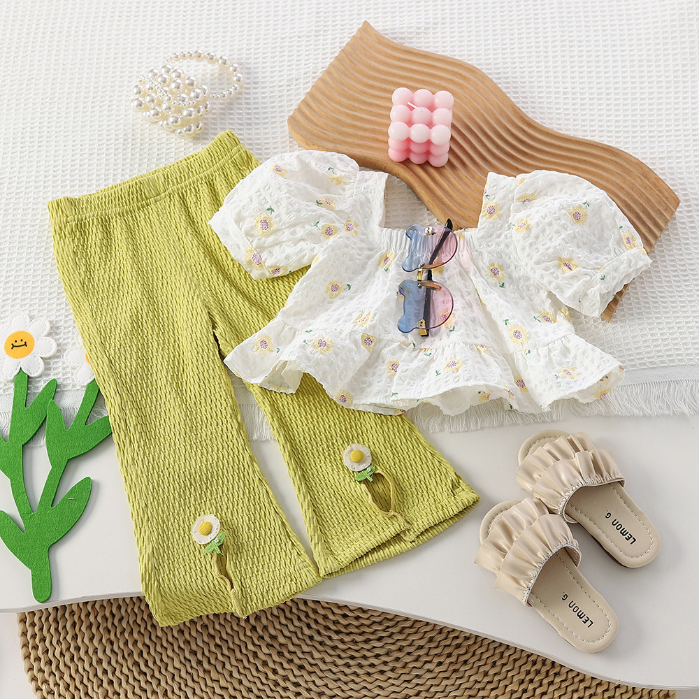 韩版童装2023夏季新款女童套装洋气花边上衣吊带百搭阔腿裤小童-阿里巴巴