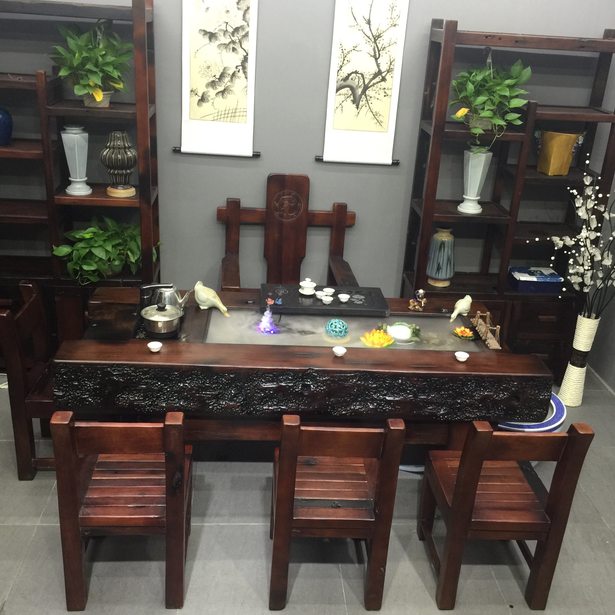 [USD 298.57] Old boat tea table and chair combined with flowing water ...