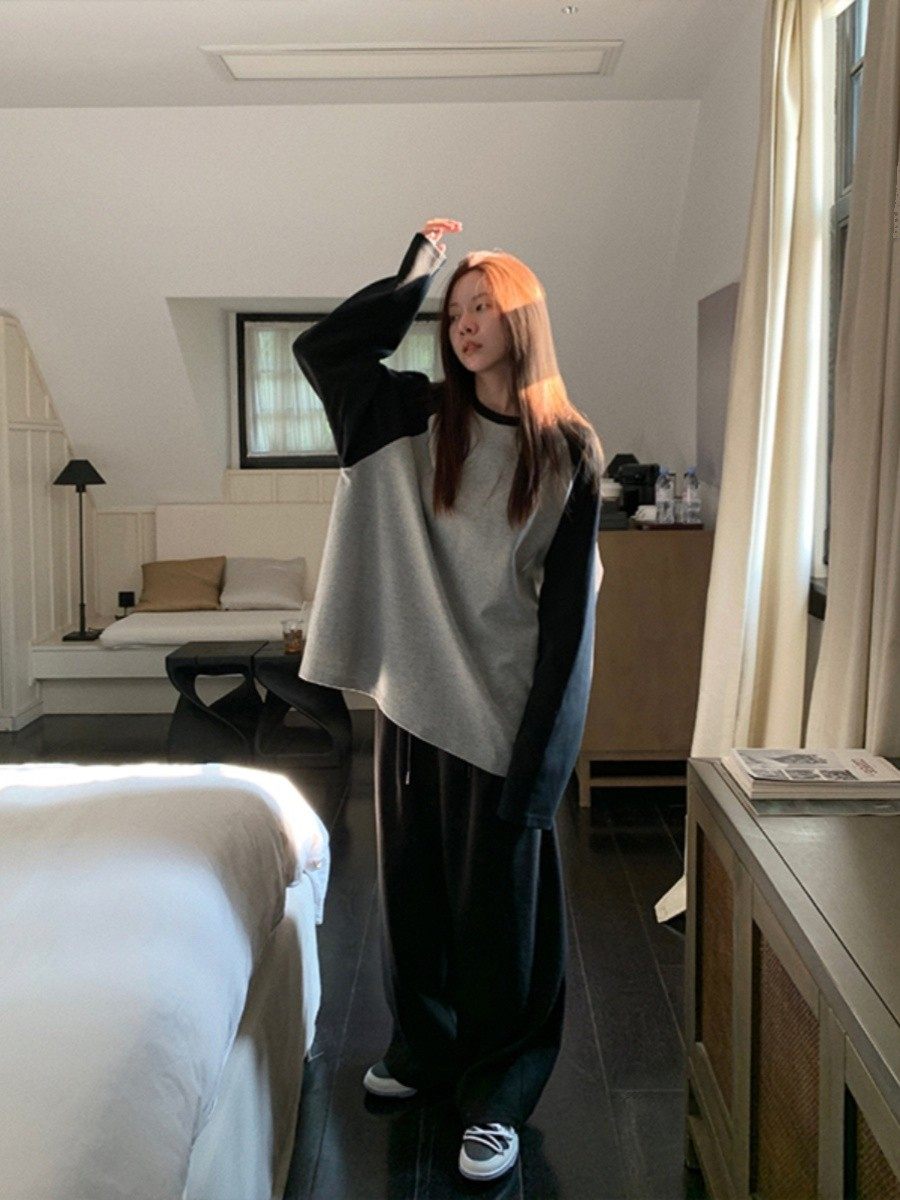 LIL CHER春秋季黑白色拼接顯瘦長袖T恤女新款寬松內搭打底衫上衣|衛衣/絨衫|ETMall東森購物網