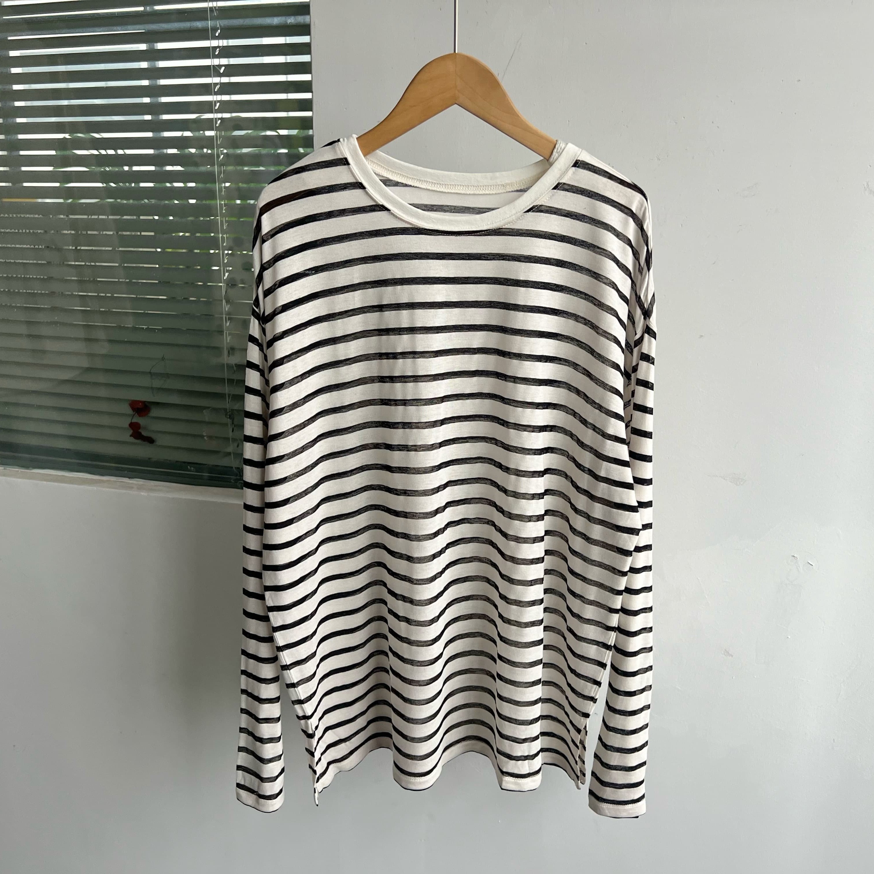 2N-17日單薄款空調衫鬆弛感基礎款圓領套頭條紋長袖T恤J25-5