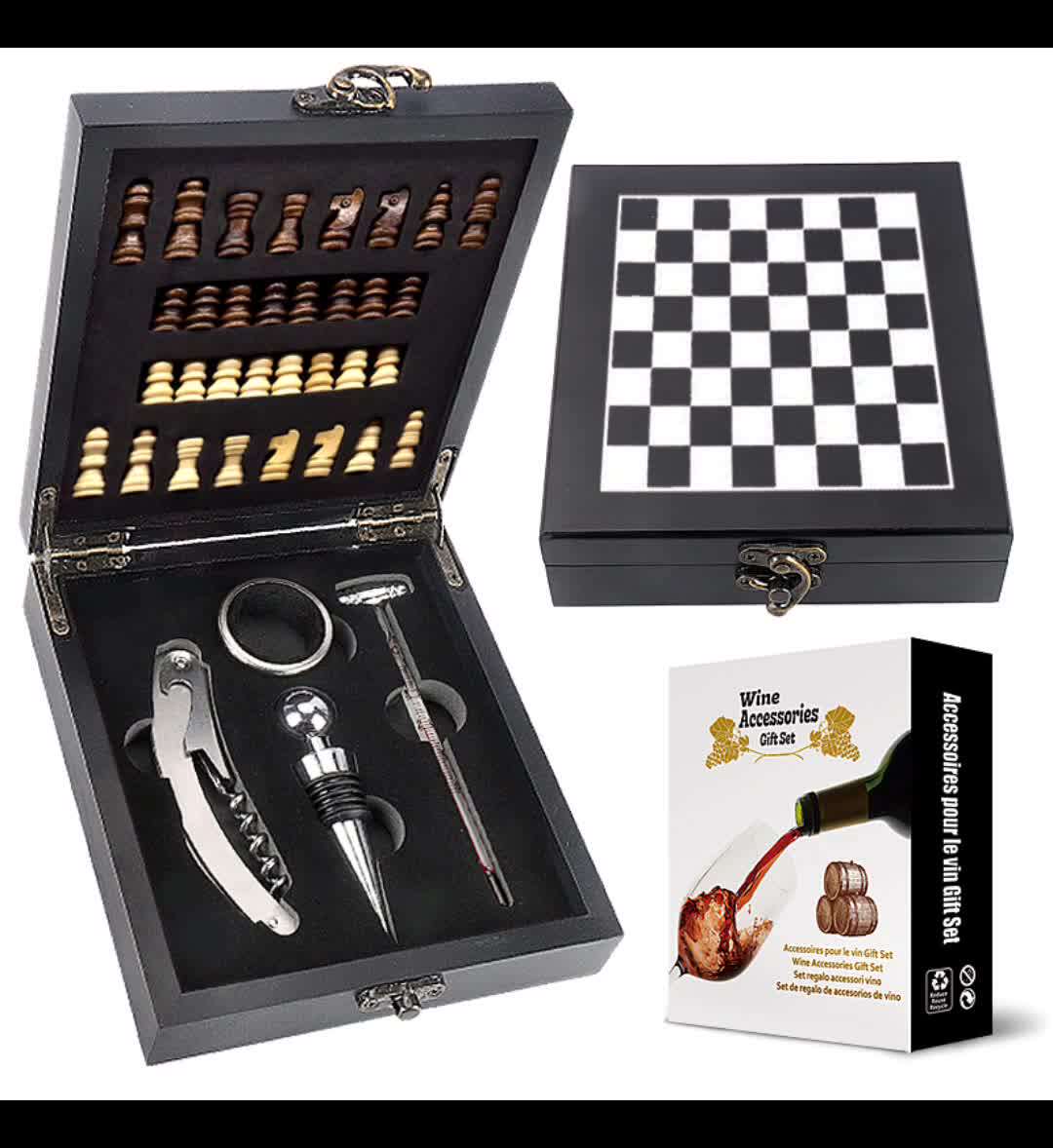 4pcs Wine Accessory Set Wine Corkscrew Wooden Box Chess Wine Set Gift ...