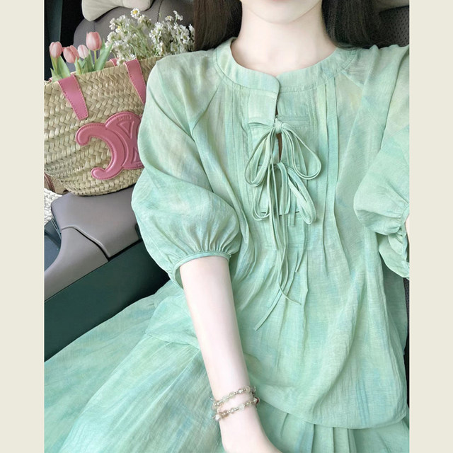 Mint Mambo green new Chinese style fresh loose tie-dye dress for women ...
