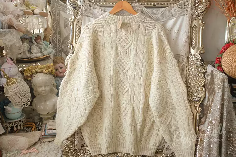 特價HAND KINT北歐乳白色100%羊毛加厚費爾島鉤花vintage套頭毛衣