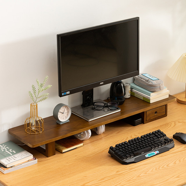 Computer monitor elevated desktop storage shelf widened solid wood ...