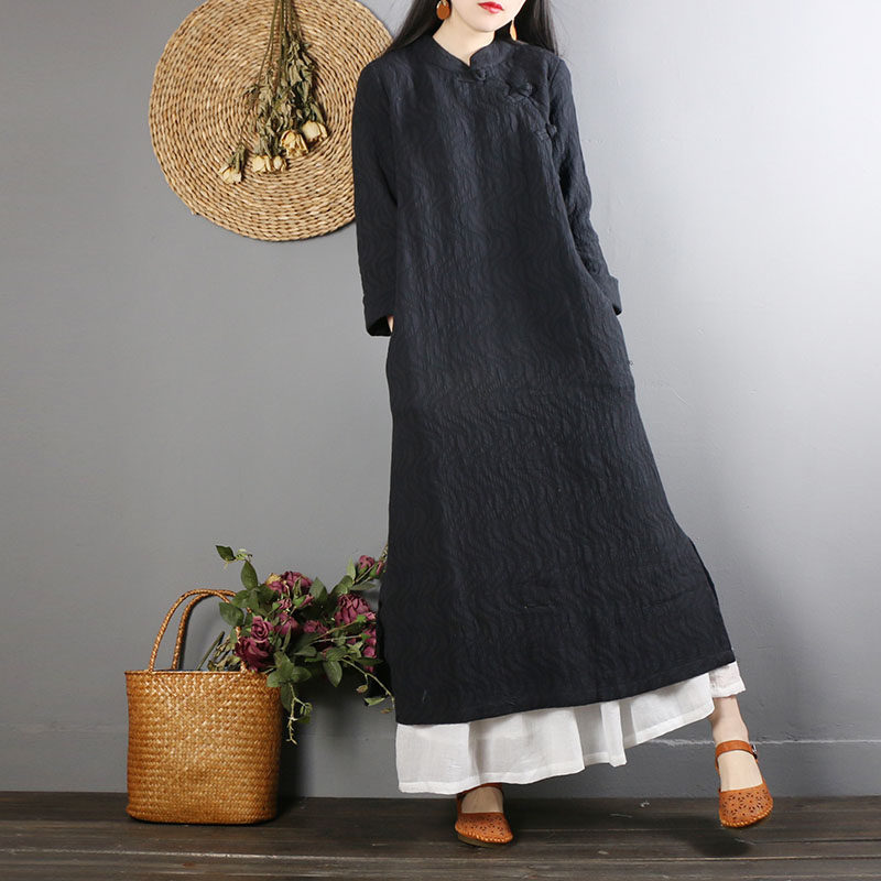 Chinese retro buckle cotton and linen dress female long-sleeved loose ...