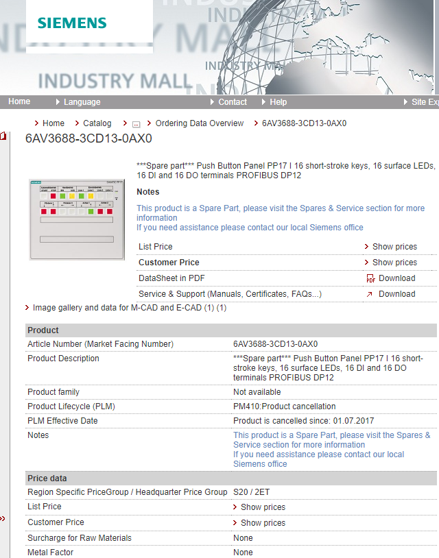 SIEMENS 人機界面SIMATIC HMI /SIMATIC PP17 6AV3688-3CD13-0AX0
