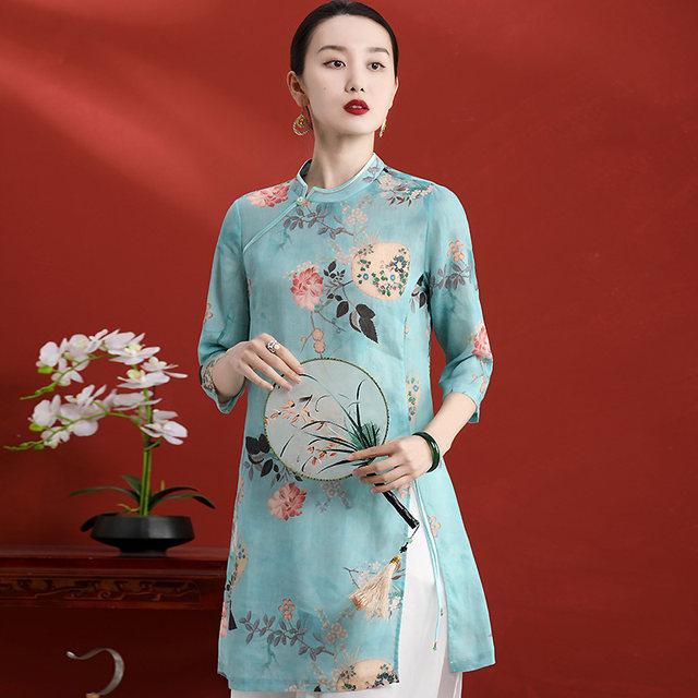 Chinese tops for women in summer mid-length new retro printed tensil ...