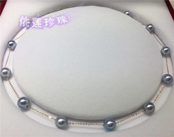 18K金项链锁骨链满天星海水珍珠蓝灰真多麻akoya海水珠项链-Taobao