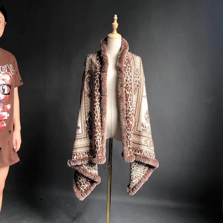 New Fashion Pure Cashmere Shawls Rabbit Fur Trim Pashmina Printed Shawl ...