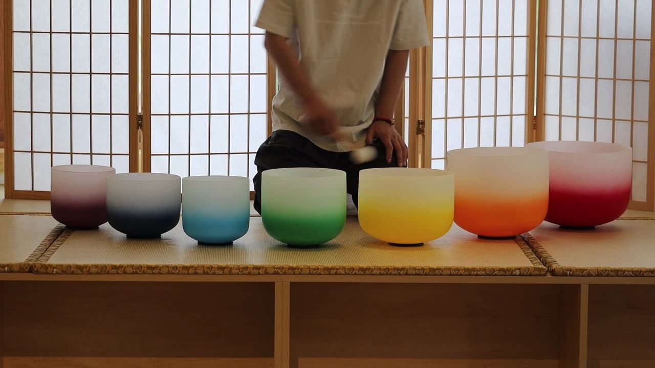 8 Inch Chakra Design Frosted Quartz Crystal Singing Bowl Pattern Energy ...