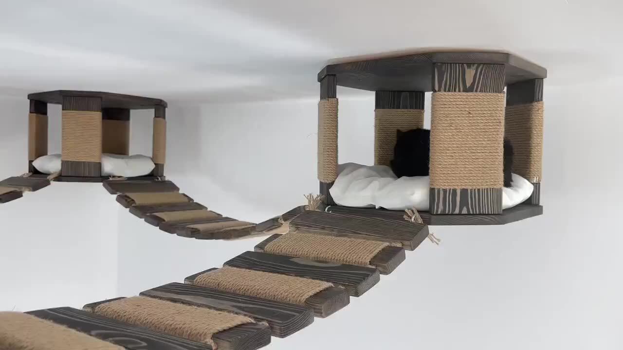 Cat Ceiling Playground Wood Pet House Furniture With Climbing Bridge ...