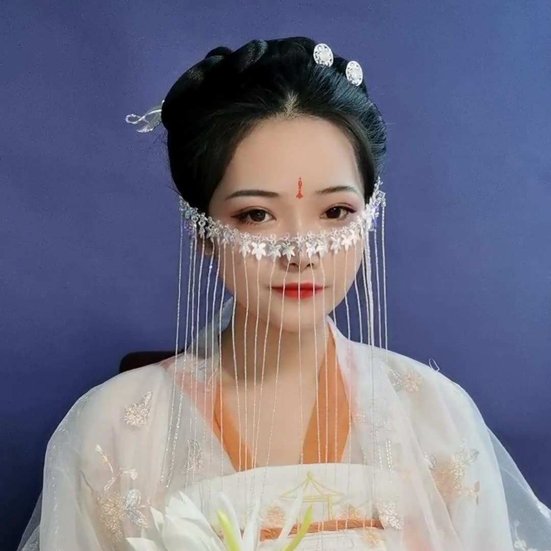 面纱古风女遮脸古装配饰汉服头饰流苏超仙步摇古代串珠挂耳面帘-阿里巴巴