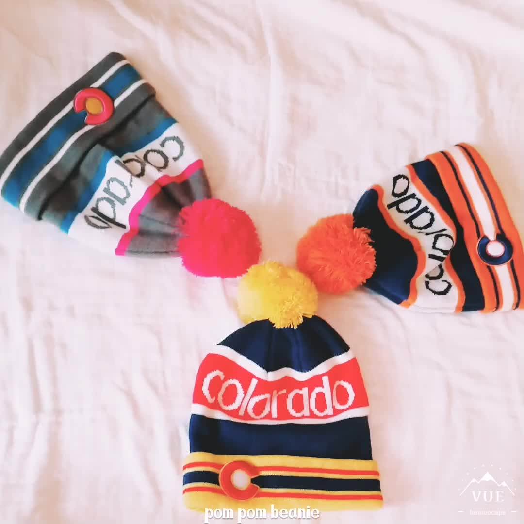 Custom Puff Ball Winter Hat For Women Fold Up Text Acrylic Beanie Hat ...