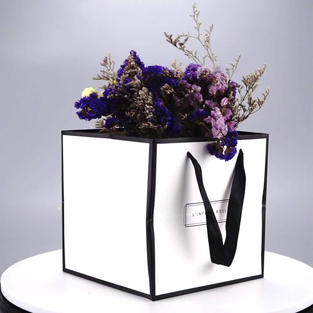 White Kraft Paper Portable Flower Paper Box Packaging Carrier Hand Bags ...