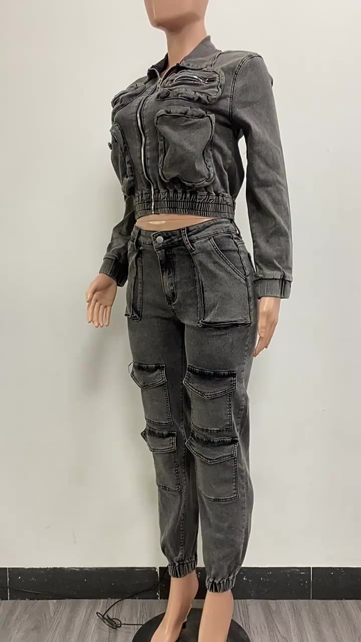 2024 Fashion Women Multi-pocket Washed Denim Long Pants Set Casual ...