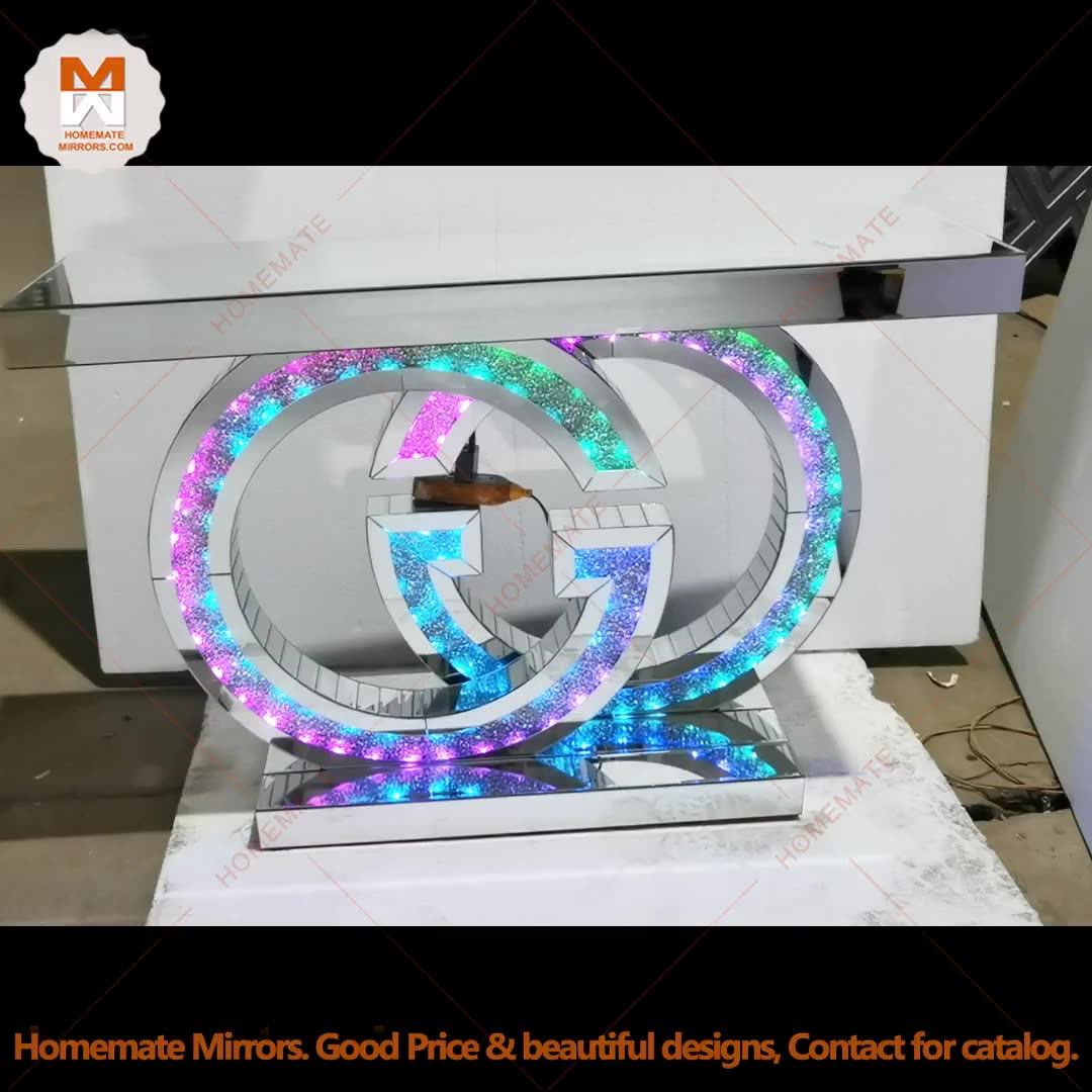 Hot Led Gg Cc Mirrored Glass Console Table With Wall Mirror Crushed Diamonds For Living Room ...
