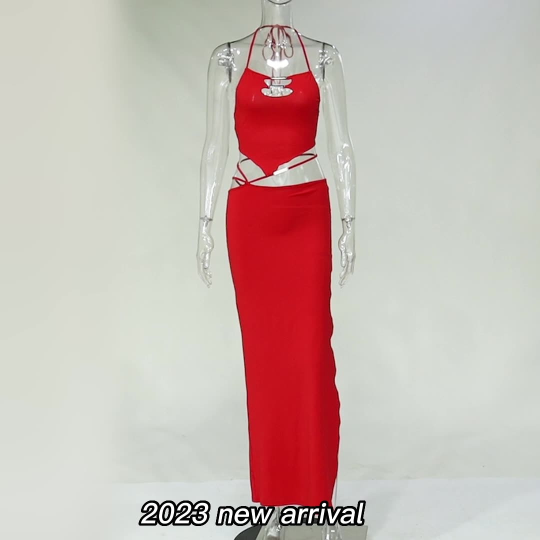 11437 Halter Sleeveless Hollow Out Solid Backless Crop Top Ruched Slit