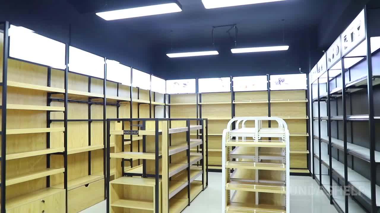Wooden And Metal Display Shelves Gondola Shelving For Shopping Mall ...