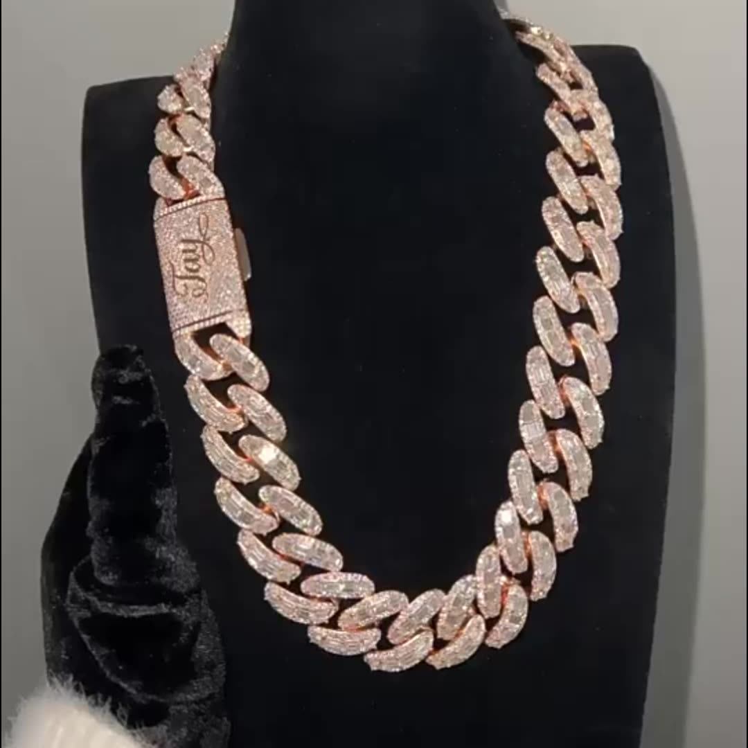 Luxury Rappers 20mm Iced Out Rose Gold Chain Emerald Cut Moissanite ...