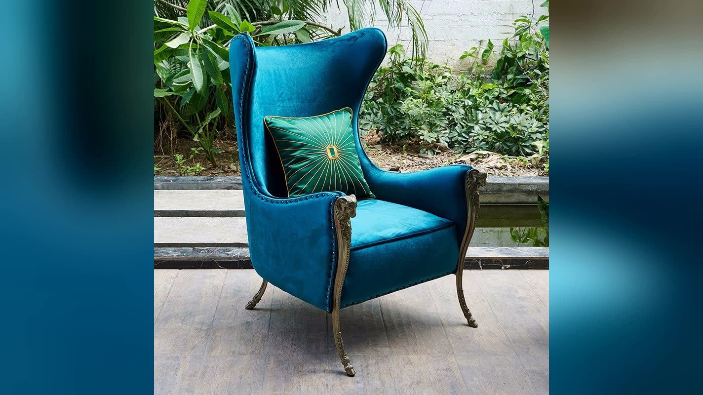 Nordic Leather European Design Wooden Armchair Blue Wingback Lazy Lobby ...