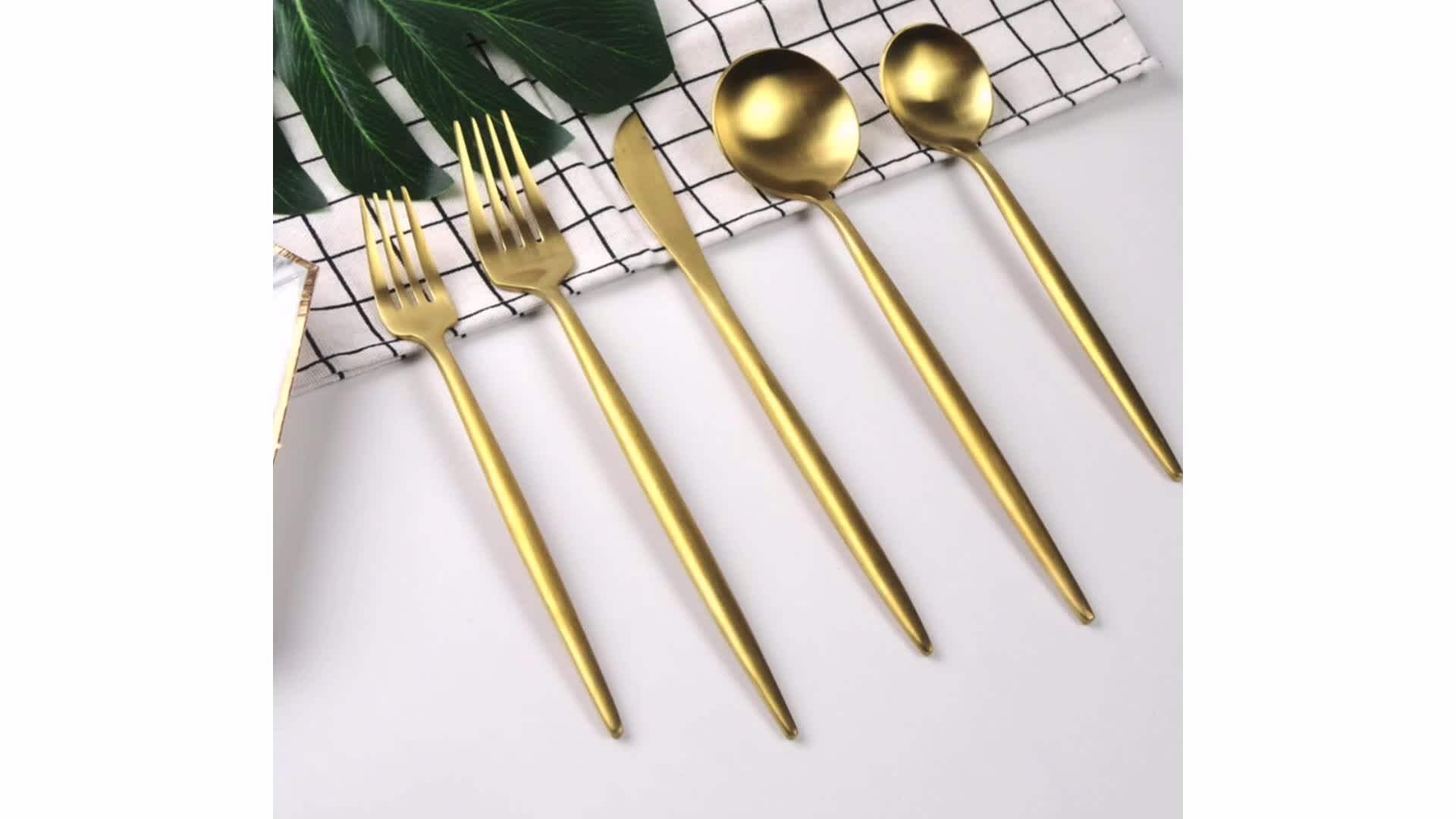 Matte Gold Cutlery Sets European Style Golden Plated Fkatware Set With ...