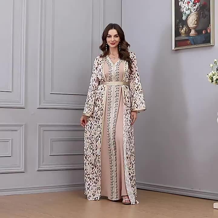 Factory Kaftan Moroccan Belted Abaya Leopard Cardigan Muslim Set Long ...