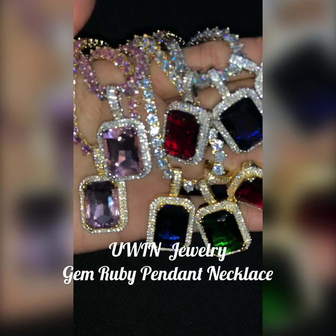 Hip Hop Tennis Chain Necklace With Pink Gem Pendant Red Ruby Blue Green ...