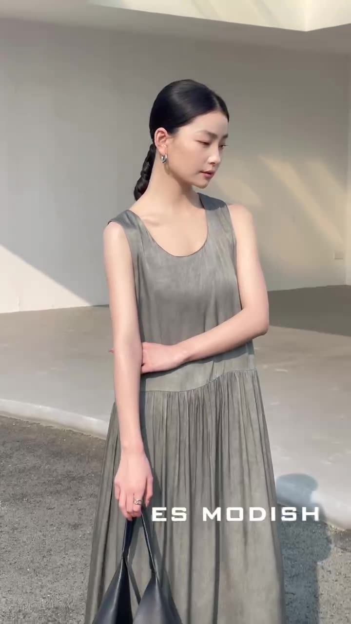 ES MODISH 春季新品温柔风圆领午休长款连衣裙女生内搭宽松中长裙-阿里巴巴