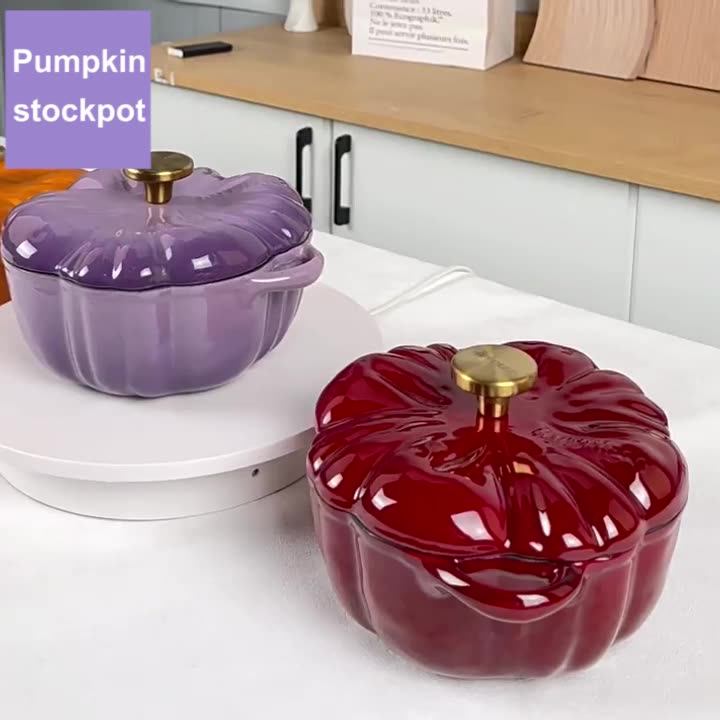 16/20/25cm Double Handle Beautiful Pumpkin Cast Iron Stockpot Nonstick ...